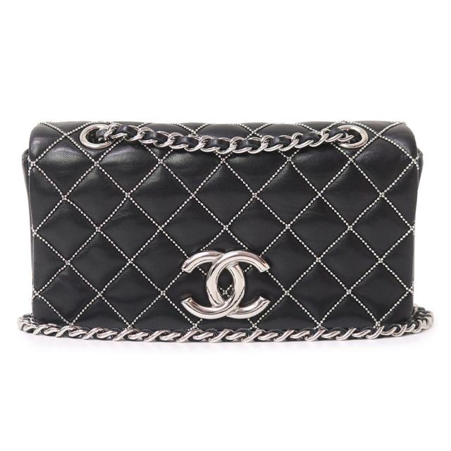 （中古）シャネル CHANEL マトラッセ ミニ フル フラップ チェーン 2WAY ショルダーバッグ 斜め掛け ラムスキン レザー ビーズ ブラック 黒 シルバー金具 A47432