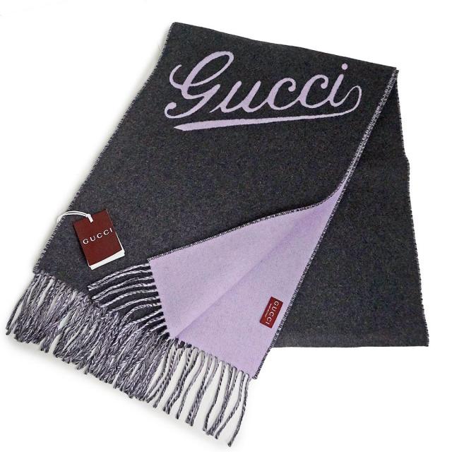 （新品・未使用品）グッチ GUCCI スクリプト スカーフ マフラー ウール 90% カシミア 10% バイカラー グレー ピンク 795273