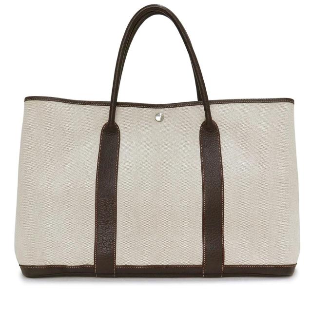 （中古）エルメス HERMES ガーデンパーティ 42 MM ハンドバッグ トワルアッシュ キャンバス ブッフルスキッパー レザー Natural ナチュラル Marron マロン ブラウン 茶 シルバー金具 □H刻印