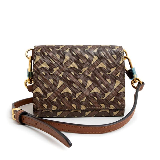 （新品・未使用品）バーバリー BURBERRY スモール モノグラム TB プリント ウィズ デタッチャブルストラップ 二つ折り財布 ショルダーバッグ 斜め掛け カーフスキン レザー Eキャンバス ブライドルブラウン 茶 ゴールド金具 8029118