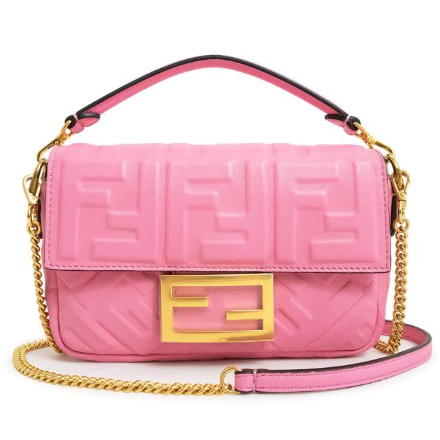 （未使用　展示品）フェンディ FENDI ミニ バゲット スモール FF エンボス 2Way チェーンショルダー 斜め掛け ラムスキン レザー ピンク ゴールド金具 8BS017