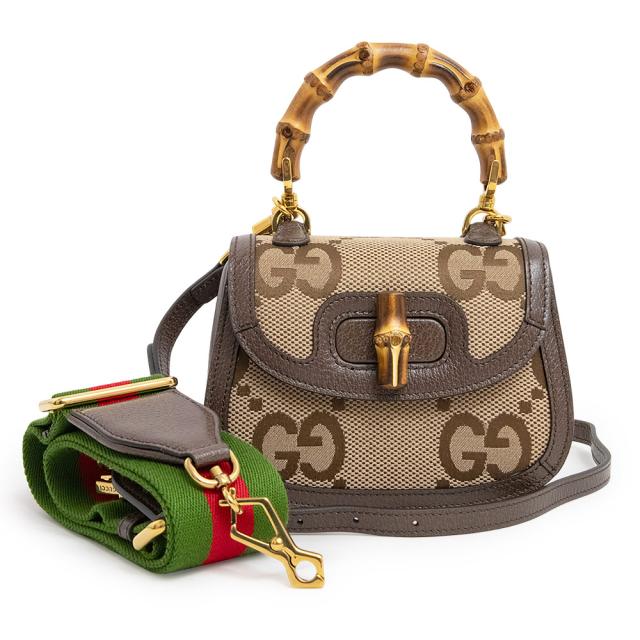 （新品・未使用品）グッチ GUCCI バンブー 1947 ミニ トップハンドル 2WAY 斜め掛け ショルダー ハンドバッグ ジャンボGGキャンバス レザー ブラウン ベージュ ゴールド金具 686864