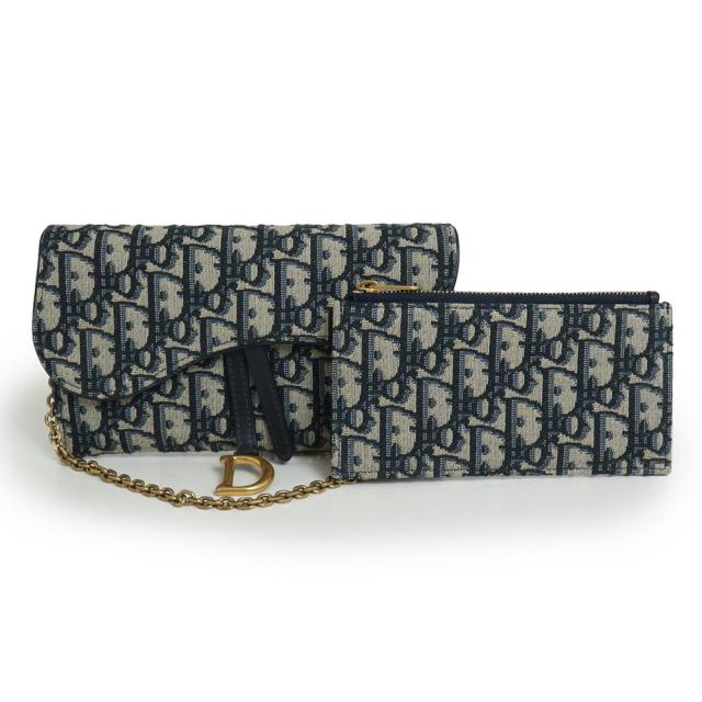 （未使用　展示品）クリスチャンディオール Christian Dior SADDLE サドル チェーンポーチ スモール 2way ウォレット クラッチ ショルダーバッグ 財布 斜め掛け オブリーク ジャカード ネイビー アンティークゴールド金具 S5614CTZQ 箱付