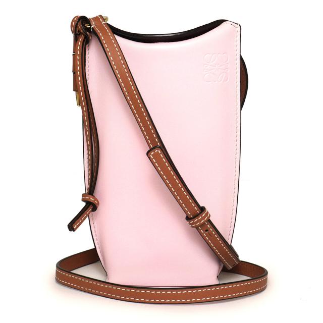 （中古）ロエベ LOEWE ゲートポケット ミニ ショルダーバッグ 斜め掛け ソフトカーフスキン レザー ソフトピンク コーラル オレンジ ブラウン ゴールド金具 109.30BZ42