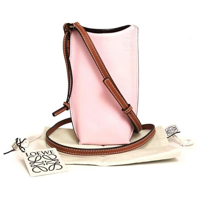 （中古）ロエベ LOEWE ゲートポケット ミニ ショルダーバッグ 斜め掛け ソフトカーフスキン レザー ソフトピンク コーラル オレンジ ブラウン ゴールド金具 109.30BZ42