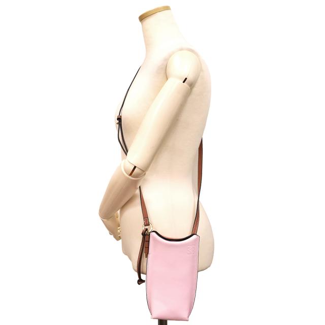 （中古）ロエベ LOEWE ゲートポケット ミニ ショルダーバッグ 斜め掛け ソフトカーフスキン レザー ソフトピンク コーラル オレンジ ブラウン ゴールド金具 109.30BZ42