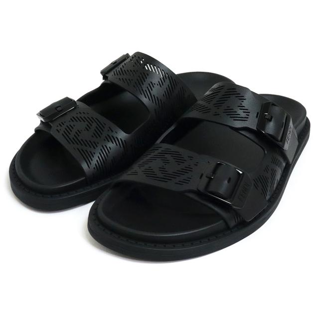 （新品・未使用品）フェンディ FENDI スリッパーズ SLIPPERS フィール スライド カット FF モチーフ サンダル 靴 #8 27cm ラバー レザー ブラック 黒 ブラック金具 7X1677 箱付