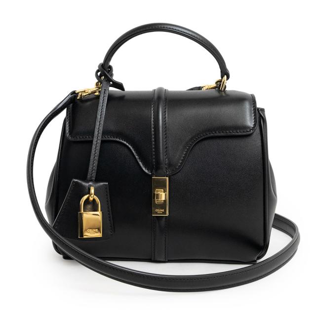 （美品）セリーヌ CELINE ミニ 16 セーズ 2Way ショルダー ハンドバッグ 斜め掛け サテンドカーフスキン レザー ブラック 黒 ゴールド金具 197983