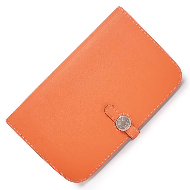 （未使用保管品）エルメス HERMES ドゴン GM デュオ 二つ折り長財布 ヴォースイフト レザー クレヴェット オレンジ ピンク シルバー金具 R刻印 箱付