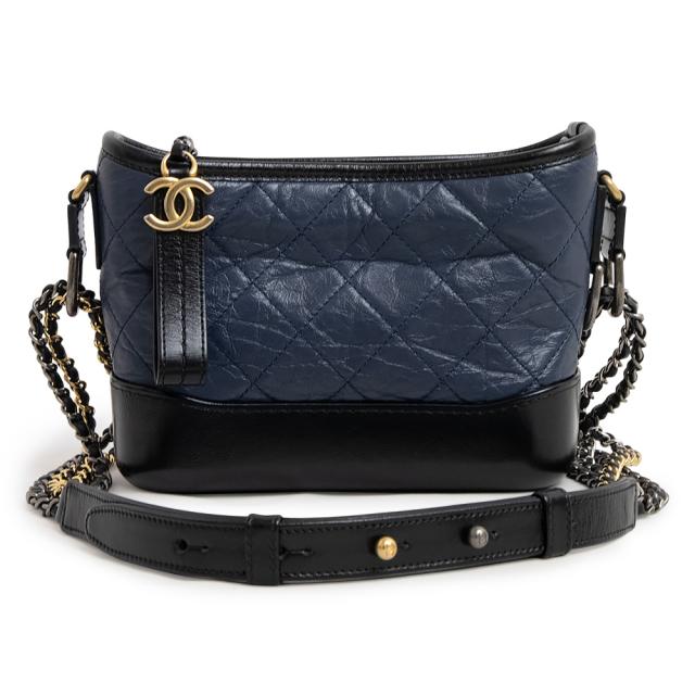 （美品）シャネル CHANEL ガブリエル ドゥ スモール ホーボー 2Way チェーン ショルダーバッグ 斜め掛け エイジドカーフスキン レザー ネイビー ブラック 紺 黒 ゴールド シルバー ガンメタル金具 A91810