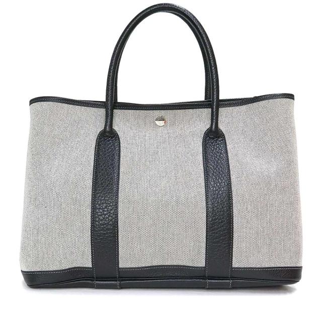 （中古）エルメス HERMES ガーデンパーティ 36 PM ハンドバッグ トワルアッシュ キャンバス ブッフルスキッパー レザー Ecru エクリュ Noir ノワール ブラック 黒 シルバー金具 □H刻印