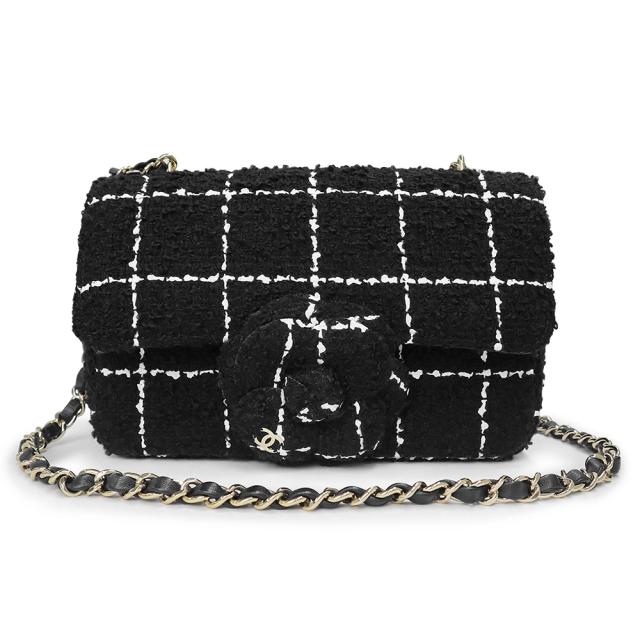 （新品・未使用品）シャネル CHANEL ココマーク チェック カメリア チェーン ショルダーバッグ 斜め掛け ツイード ブラック ホワイト 白 黒 シャンパンゴールド金具 AS4388 箱付