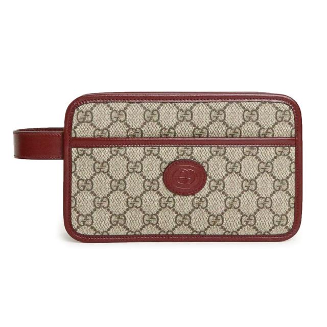 （未使用　展示品）グッチ GUCCI インターロッキングＧ トラベルケース ポーチ クラッチ セカンドバッグ GGスプリームキャンバス レザー ボルドー ベージュ ゴールド金具 625764 箱付