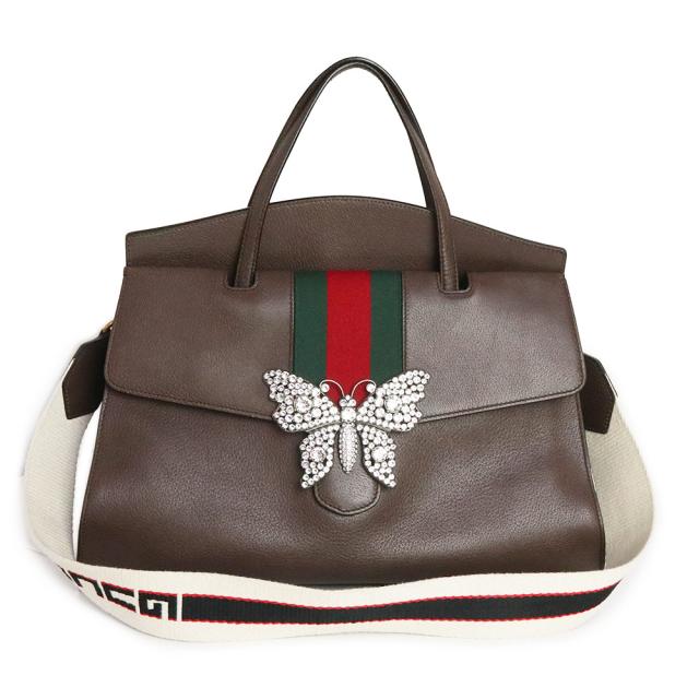（中古）グッチ GUCCI トーテム バタフライビジュー 2WAY ショルダー ハンドバッグ レザー ブラウン 茶 アンティークゴールド金具 500772