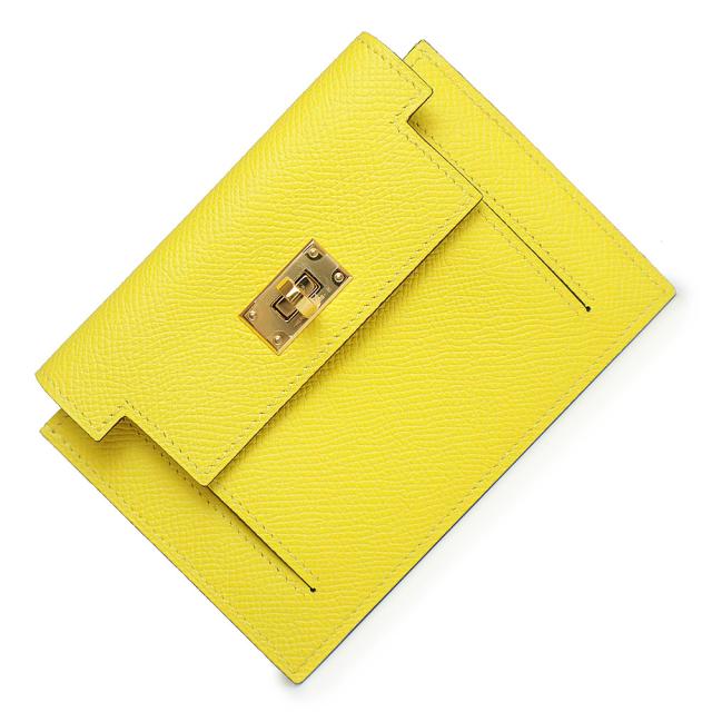 （新品・未使用品）エルメス HERMES ケリー ポケット コンパクト ウォレット ケース 小銭入れ 財布 ヴォーエプソン レザー ジョーヌナプル イエロー 黄色 ゴールド金具 B刻印 箱付