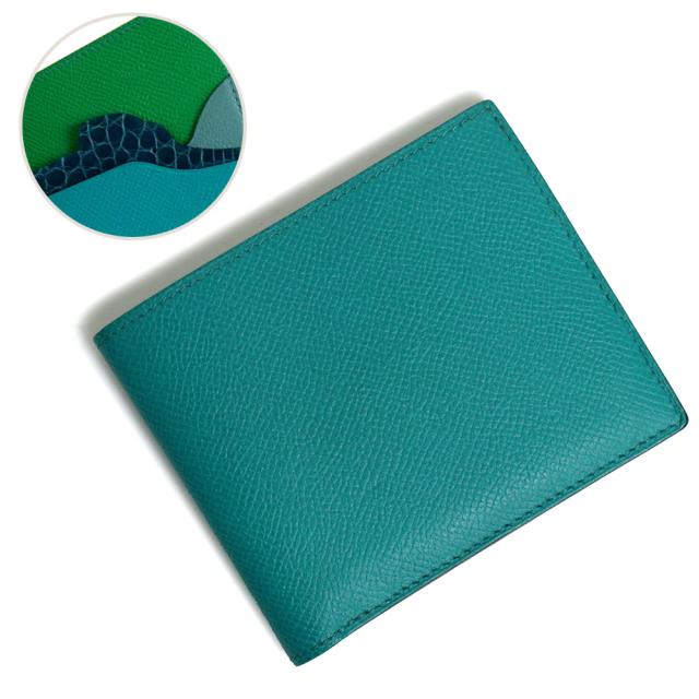 （美品）エルメス HERMES プティアッシュ petit h Historie Naturelle 自然史 二つ折り財布 札入れ ヴォーエプソン アリゲーター エキゾチックレザー シェーブルミゾール blue paon ブルーパオン Banbou バンブー Vert ヴェール 青 緑 箱付