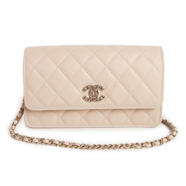 （未使用　展示品）シャネル CHANEL マトラッセ ハートロゴ チェーンウォレット ショルダーバッグ 斜め掛け キャビアスキン レザー ライトベージュ シャンパンゴールド金具