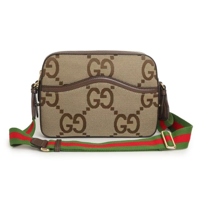 （新品・未使用品）グッチ GUCCI ジャンボGG ショルダー メッセンジャーバッグ 斜め掛け GGキャンバス レザー コットンリネン キャメル ベージュ エボニー ダークブラウン ゴールド金具 675891