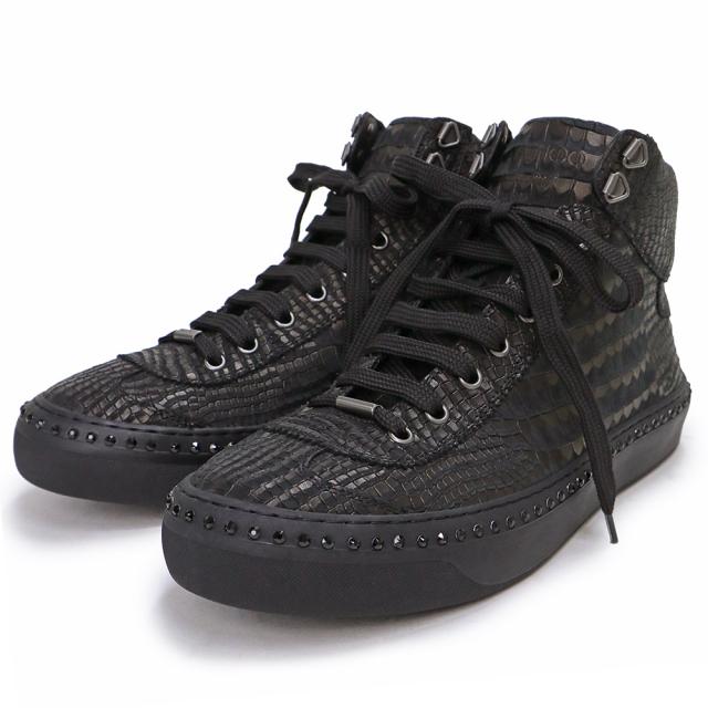 （未使用　展示品）ジミーチュウ JIMMY CHOO アーガイル ハイカット スニーカー 靴 #41.5 26.5cm クリスタル クロコ型押しヌバック レザー ブラック 黒 ガンメタル金具 ARGYLE