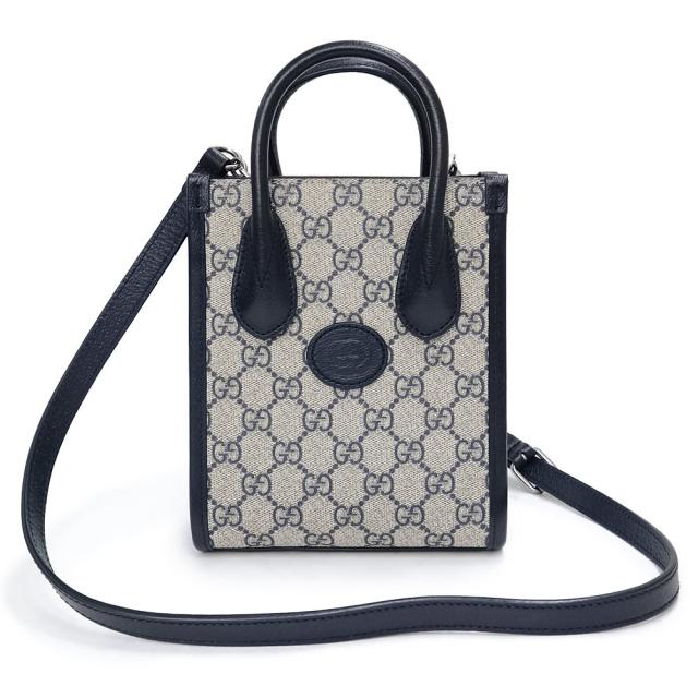 （未使用　展示品）グッチ GUCCI インターロッキングG ミニ トート 2way ショルダー ハンドバッグ 斜め掛け GGスプリームキャンバス レザー ネイビー ベージュ 紺 シルバー金具 671623