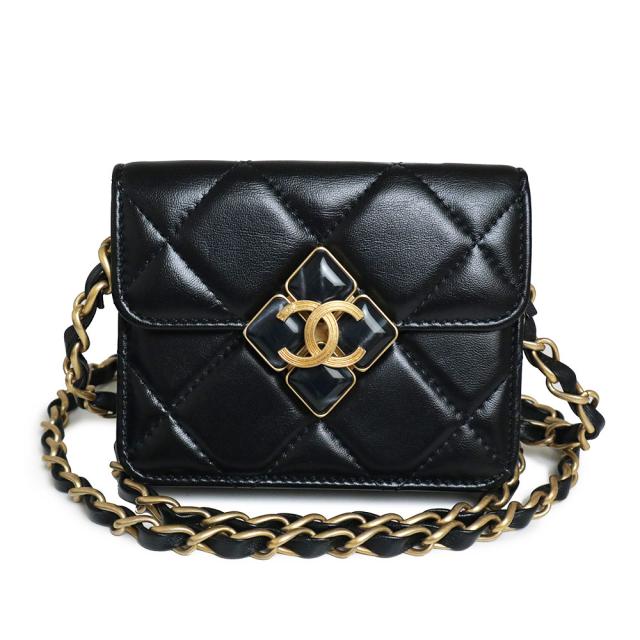 （未使用　展示品）シャネル CHANEL マトラッセ ココマーク チェーンクラッチ ショルダー ミニ ウォレット ケース 小銭入れ 財布 斜め掛け ラムスキン レザー ブラック 黒 アンティークゴールド金具 AP2261