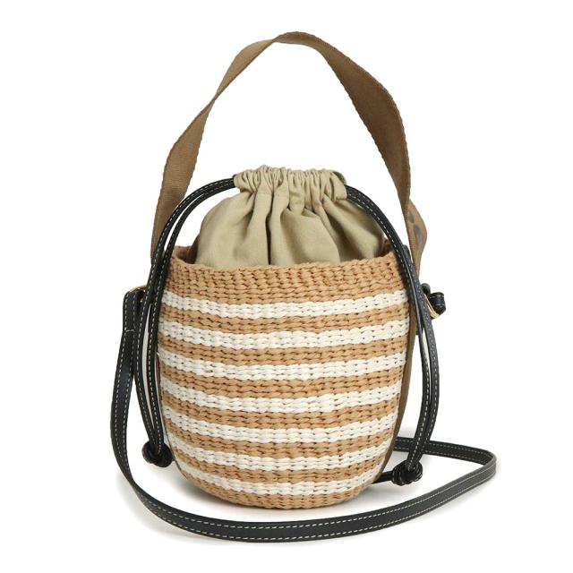 （美品）クロエ Chloe Woody ウッディ バスケット スモール ロゴ ボーダー かご Mifuko ミフコ コラボ 斜め掛け 2WAY ショルダー ハンドバッグ ペーパー カーフスキン レザー Grove brow グローブ ブロウ ブラウン ベージュ ホワイト ブラック 茶 白 黒 ゴールド金具