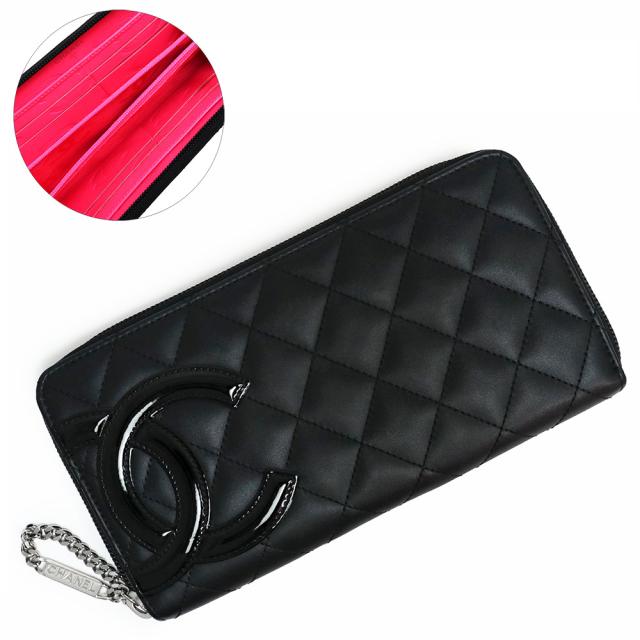 （美品）シャネル CHANEL カンボンライン ラウンドファスナー 長財布 カーフスキン レザー ブラック ピンク 黒 シルバー金具 A50078 箱付