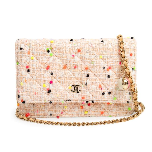 （未使用　展示品）シャネル CHANEL マトラッセ クラシック ココマーク ビーチボール チェーンウォレット 長財布 ショルダーバッグ 斜め掛け ツイード レザー コーラル ピンク ホワイト ゴールド金具 A33814