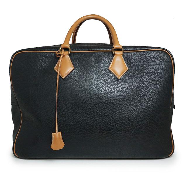 （中古）エルメス HERMES プリュム 45 ボストン ハンドバッグ アルデンヌ レザー ノワール ブラック ブラウン 黒 茶 ゴールド金具 〇T刻印