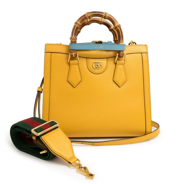（新品・未使用品）グッチ GUCCI ダイアナ スモール トート 3way ショルダー ハンドバッグ 斜め掛け バンブー カーフスキン レザー イエロー 黄 アンティークゴールド金具 702721