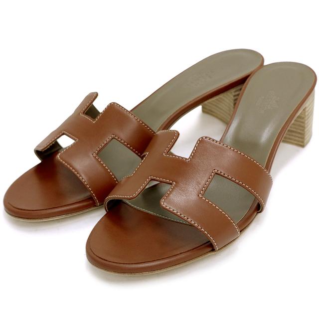 （美品）エルメス HERMES オアジス サンダル 靴 #39.5 25.5cm カーフスキン レザー Gold ゴールド ブラウン 茶 箱付