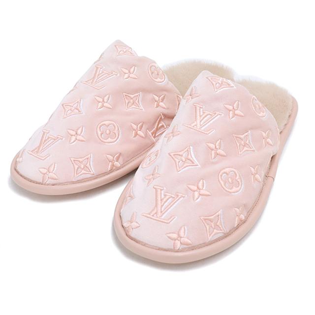 （未使用保管品）ルイ ヴィトン LOUIS VUITTON LV スイート ライン ミュール ルームシューズ スリッパ #37-38 23.5〜24.5cm モノグラム ベルベット ミンクファー ローズクレール ピンク 1A5SYY