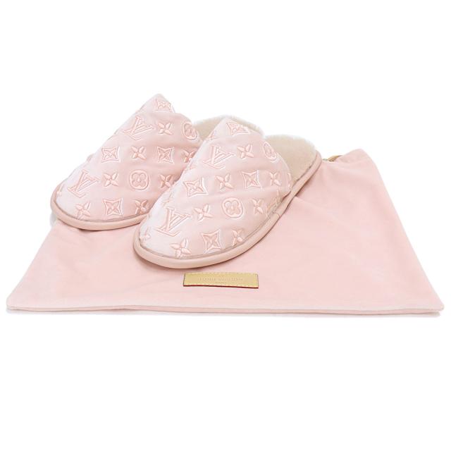 （未使用保管品）ルイ ヴィトン LOUIS VUITTON LV スイート ライン ミュール ルームシューズ スリッパ #37-38 23.5〜24.5cm モノグラム ベルベット ミンクファー ローズクレール ピンク 1A5SYY