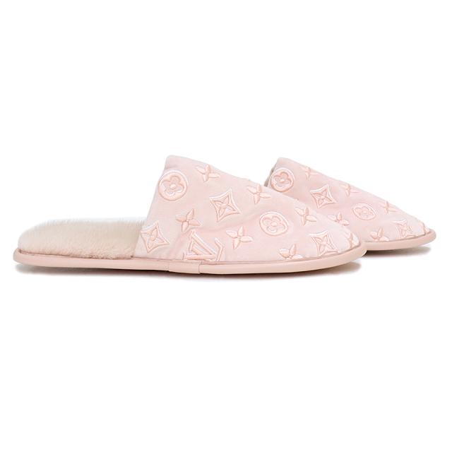 （未使用保管品）ルイ ヴィトン LOUIS VUITTON LV スイート ライン ミュール ルームシューズ スリッパ #37-38 23.5〜24.5cm モノグラム ベルベット ミンクファー ローズクレール ピンク 1A5SYY