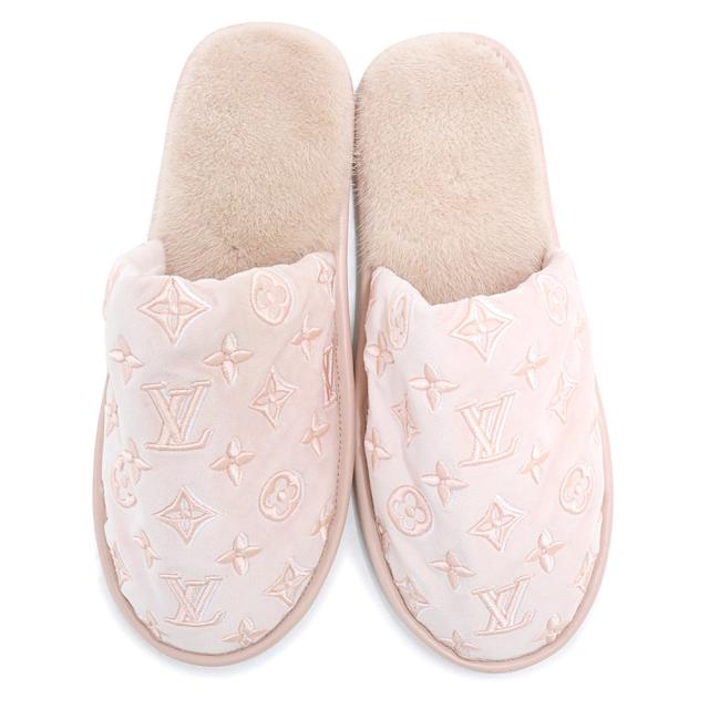 （未使用保管品）ルイ ヴィトン LOUIS VUITTON LV スイート ライン ミュール ルームシューズ スリッパ #37-38 23.5〜24.5cm モノグラム ベルベット ミンクファー ローズクレール ピンク 1A5SYY