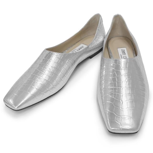 （未使用保管品）ジミーチュウ JIMMY CHOO ジョセリン フラット 靴 シューズ #38.5 25.5cm パンプス クロコ型押しレザー シルバー JOSELYN