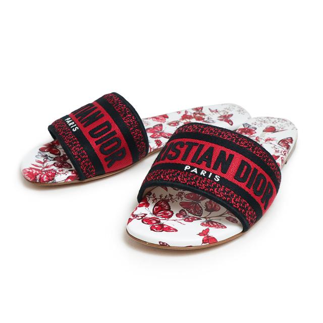 （未使用　展示品）クリスチャンディオール Christian Dior ル クール デ パピヨン カプセルコレクション Dウェイ Dway スライド サンダル #35.5 22.5cm エンブロイダリー コットン ホワイト レッド ブラック 白 赤 黒 KCQ209BHY 箱付
