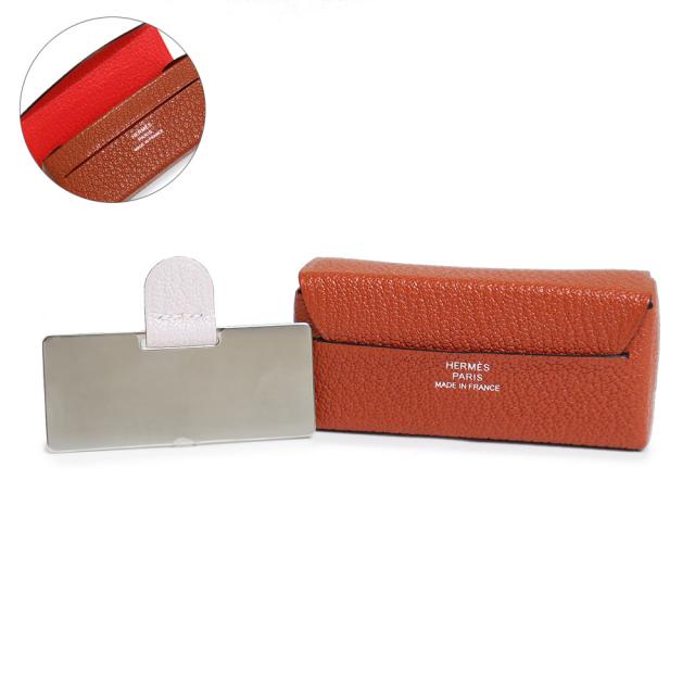 （新品・未使用品）エルメス HERMES ミロワール リップケース 小物入れ 鏡 ミラー付き シェブル シェーブルミゾール レザー キュイーヴル ローズテキサス モーヴペール ブラウン ピンク 茶 U刻印 箱付