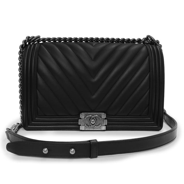 （美品）シャネル CHANEL ココマーク シェブロン Vステッチ ボーイシャネル ラージ 2way チェーン ショルダーバッグ 斜め掛け カーフスキン レザー ブラック 黒 アンティークシルバー金具 A92193
