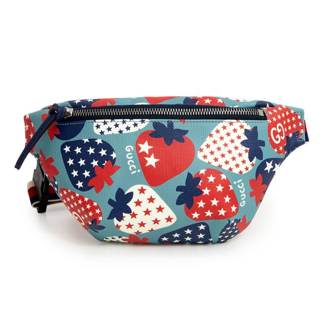 （新品・未使用品）グッチ GUCCI チルドレンズ ベルトバッグ ストロベリー イチゴ スター 星 ウエストバッグ スプリーム キャンバス ライトブルー レッド ブルー 青 赤 シルバー金具 502095