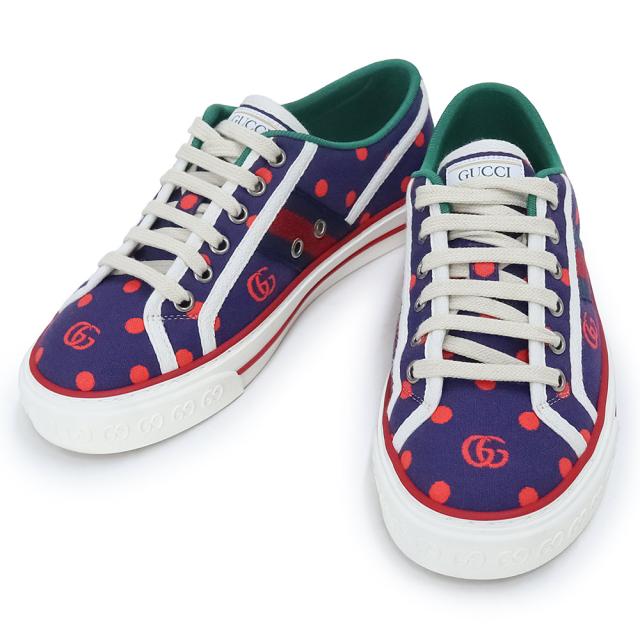 （新品・未使用品）グッチ GUCCI テニス 1977 ダブルG ドット #36 23cm 靴 シューズ スニーカー キャンバス ブルー レッド 青 赤 マットシルバー金具 ？606110 箱付