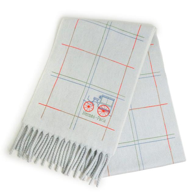 （新品・未使用品）エルメス HERMES クラン ブロデ ベルリンヌ マフラー フリンジ カシミヤ 100％ グリ ドゥ ノード グレー 箱付