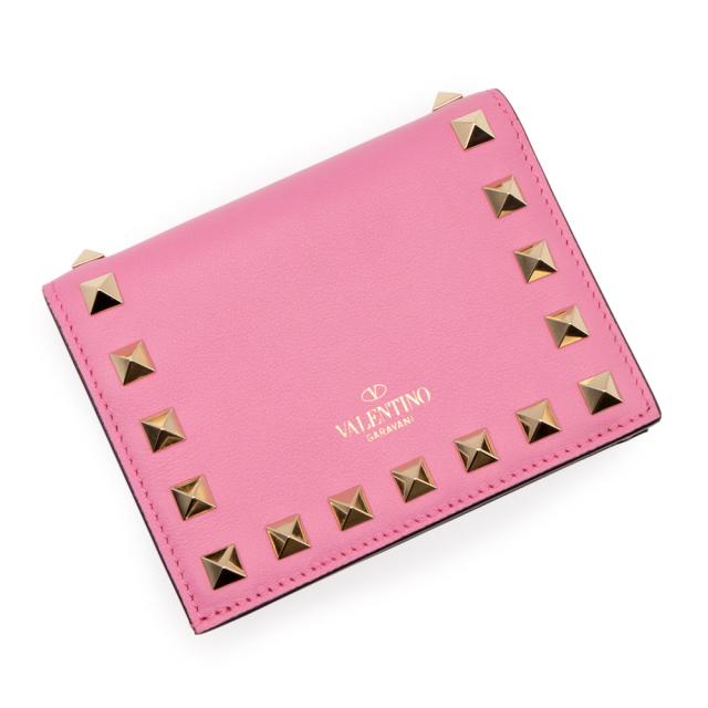 （新品・未使用品）ヴァレンティノ ガラヴァーニ Valentino Garavani ロックスタッズ スモール ウォレット 二つ折り財布 カーフスキン レザー ピンク ゴールド金具 WW2P0P39BOL
