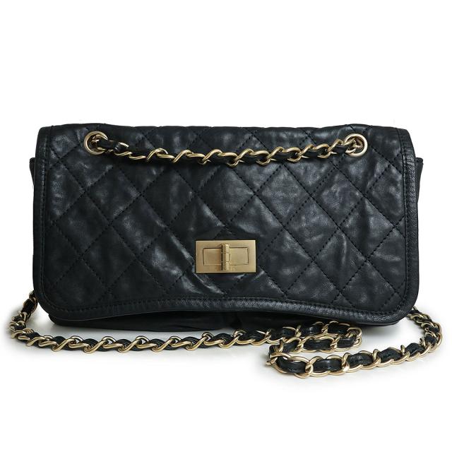 （中古）シャネル CHANEL 2.55 マトラッセ 2way チェーン ショルダーバッグ 斜め掛け カーフスキン レザー ブラック 黒 ゴールド金具