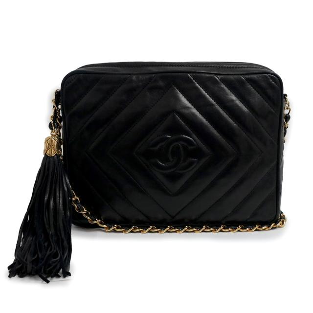 （中古）シャネル CHANEL ココマーク ダイヤステッチ タッセル フリンジ チェーン ショルダーバッグ 斜め掛け ラムスキン レザー ブラック 黒 ゴールド金具