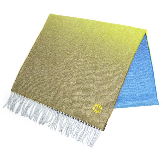 （新品・未使用品）エルメス HERMES エシャルプ サマーブロック サンライズ フリンジ マフラー ストール カシミヤ 100％ マリン マリーヌ ジョーヌヴィフ グラデーション ブルー イエロー 青 黄 箱付