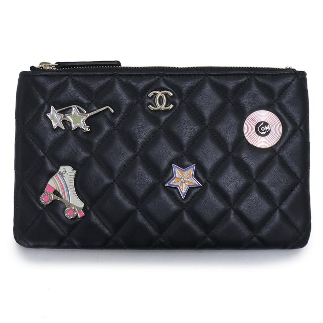 （新品・未使用品）シャネル CHANEL マトラッセ ココマーク フラットポーチ クラッチバッグ ラムスキン レザー ブラック 黒 シャンパンゴールド金具 AP1071 箱付