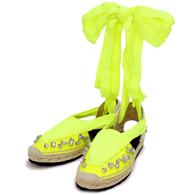 （未使用　展示品）ロエベ LOEWE パウラズイビザ PAULA S IBIZA クリスタル リボンエスパドリーユ サンダル 靴 #36 23cm キャンバス イエロー 黄 シルバー金具 L000283X03