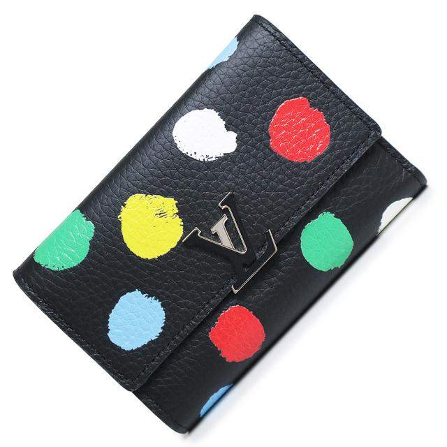 （未使用　展示品）ルイ ヴィトン LOUIS VUITTON 草間彌生 ヤヨイ クサマ コラボ LV×YK ペインティッド ドット ポルトフォイユ カプシーヌ コンパクト 三つ折り財布 トリヨンレザー ブラック マルチカラー 黒 シルバー金具 M81963 箱付