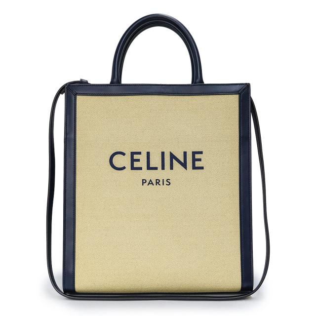 （未使用　展示品）セリーヌ CELINE バーティカル カバ スモール トート 2way ショルダー ハンドバッグ 斜め掛け カーフスキン レザー キャンバス ネイビー ベージュ 紺 ゴールド金具 192802
